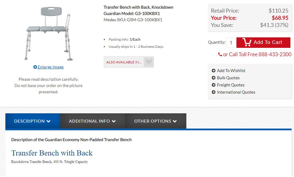 Transfer Bench with Back, Knockdown Guardian Model: G3-100KBX1 ...
